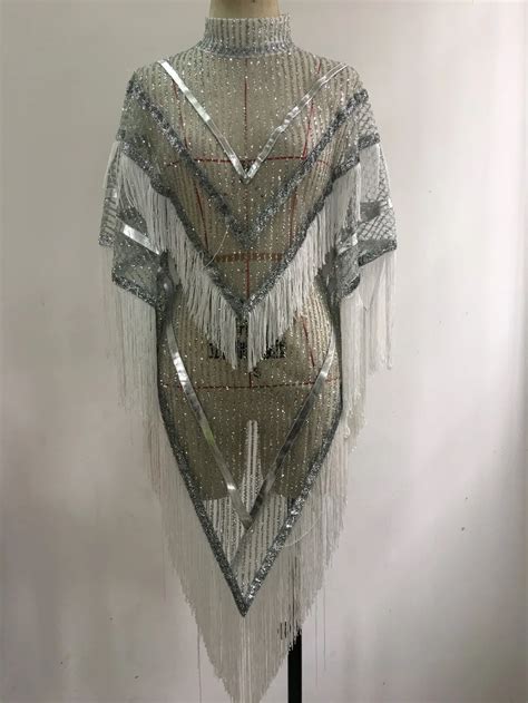 Fashion Glisten White Shining Outfit Cloak For Women Sexy Party Sequin