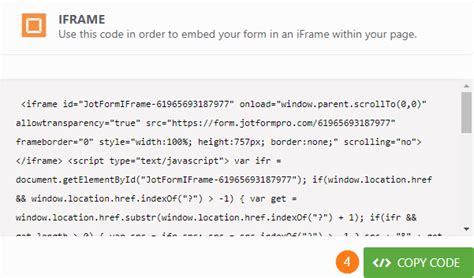 getting the form iframe code jotform