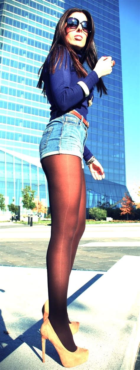 Denim Shorts Black Stockings And Heels Love Strumpfhosen Outfit