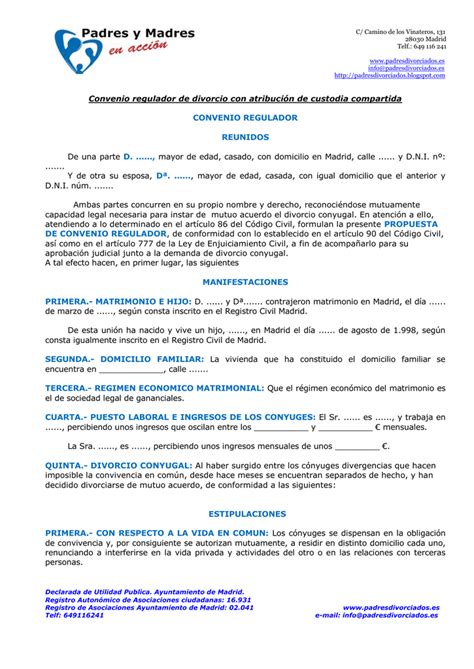 Modelo De Convenio Regulador Mutuo Acuerdo
