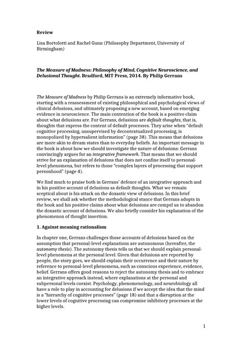 Pdf Philip Gerrans The Measure Of Madness Philosophy Of Mind
