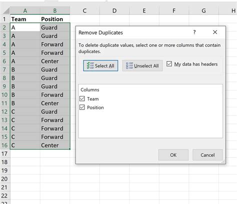 Excel как удалить повторяющиеся строки на основе двух столбцов