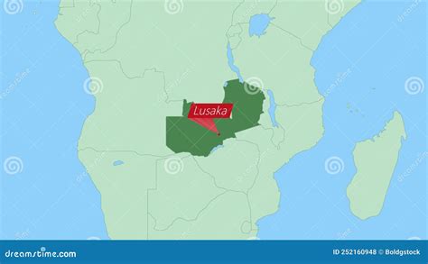 Map Of Zambia With Pin Of Country Capital Stock Vector Illustration