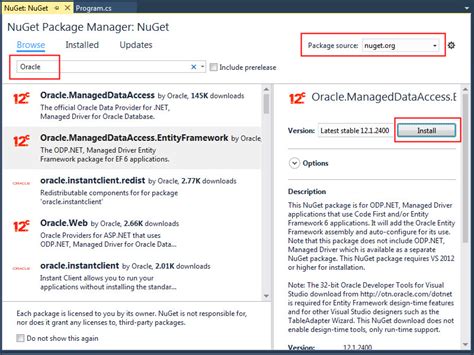 using nuget to install and configure oracle data provider for