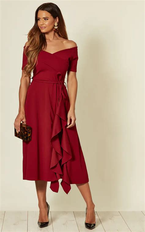 Burgundy Off Shoulder Frill Midi Dress Silkfred Us