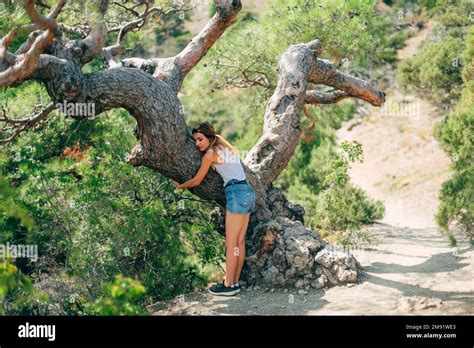 Girl Lovingly Hugging The Tree Outdoors In A Clean Park In The Summer