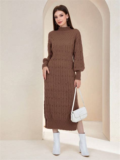 Shein Mulvari Mock Neck Cable Knit Drop Shoulder Split Hem Sweater