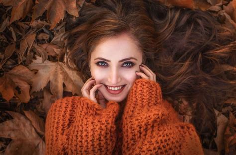 Smiling Women Model Face Portrait Leaves Sweater Fall Brunette