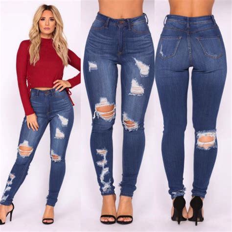 New Ripped Jeans Women Basic Classic High Waist Skinny Pencil Blue