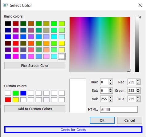 pyqt5 qcolordialog adding extra widget to it geeksforgeeks