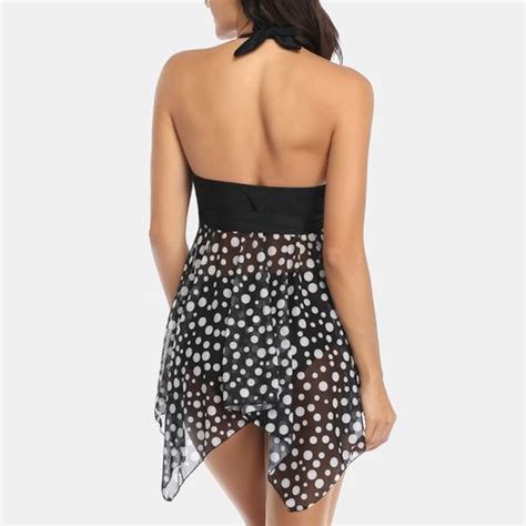Ladies Two Piece V Neck Halter Bowknot Swimdress Black Olive Tree