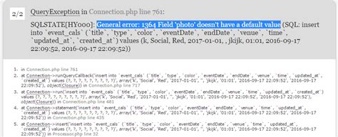 laravel 5 mysql error in xampp error 1364 hy000 field photo