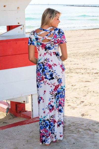 Ivory Floral Maxi Dress With Short Sleeves And Criss Cross Back Maxi