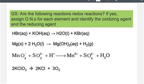 Solved Gs Are The Following Reactions Redox Reactions If