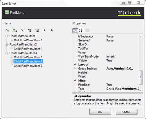 telerik web forms declaring items statically at design time radmenu