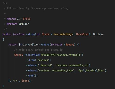 php laravel eloquent query for filtering items by average reviews