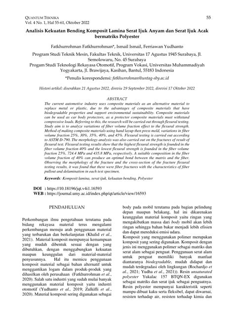 Pdf Analisis Kekuatan Bending Komposit Lamina Serat Ijuk Anyam Dan