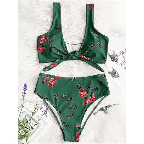 Zaful Knotted High Cut Bikini Swimwear 2018 Women Printed Swimsuit