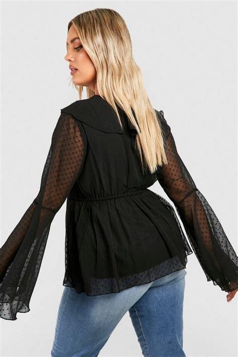 Tops Plus Dobby Ruffle Flared Sleeve Blouse Boohoo