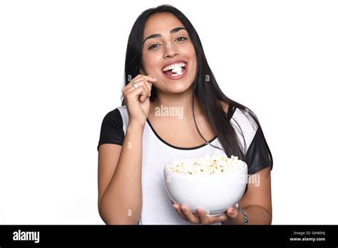 Young Beautiful Woman Eating Popcorn Isolated White Background Stock