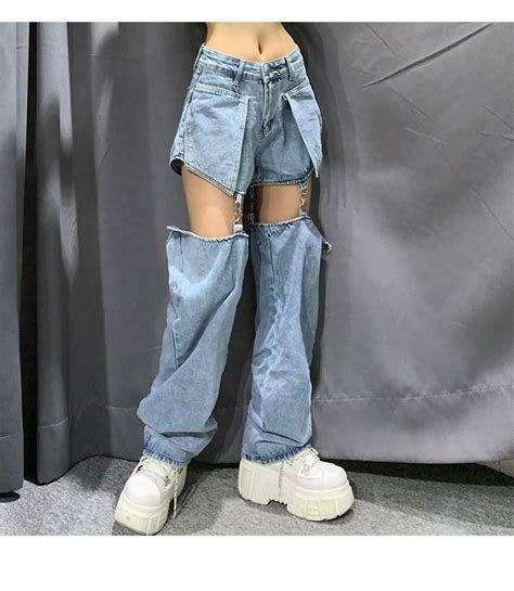 Jeans Womens Stitching Wide Leg Pants Hip Hop Cotton Loose Chain