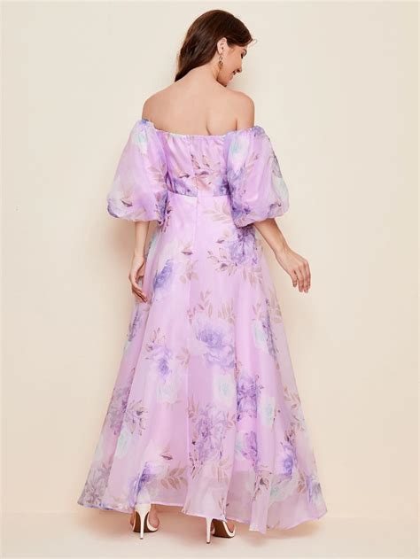 Shein Off Shoulder Bishop Sleeve Floral Organza Maxi Dress Maxi Dress
