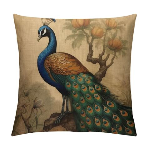 Comio Chinoiserie Pillow Cover Peacock Vintage Decorative Throw Pillow