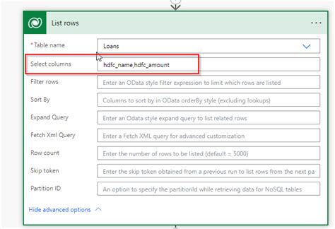 selected limited columns in list rows action of dataverse connector