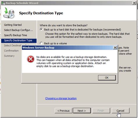 solved no disks are available for use as a backup storage destination