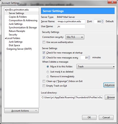 imap email client configuration department of computer science