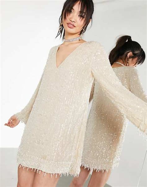 Asos Design Embellished Shift Mini Dress With Beaded Fringe Flash Sales