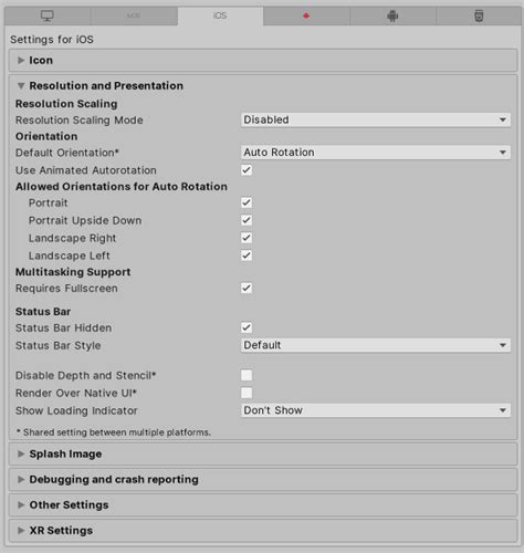 unity manual ios player settings resolution and presentation
