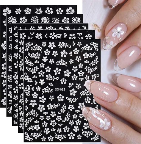 Jmeowio 8 Sheets Spring White Flower Nail Art Stickers