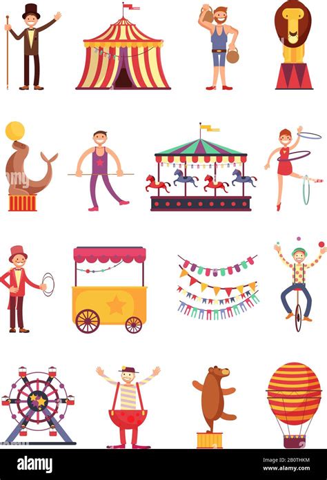 Carnival And Circus Cartoon Fun Characters Fair Carousel And Amusement