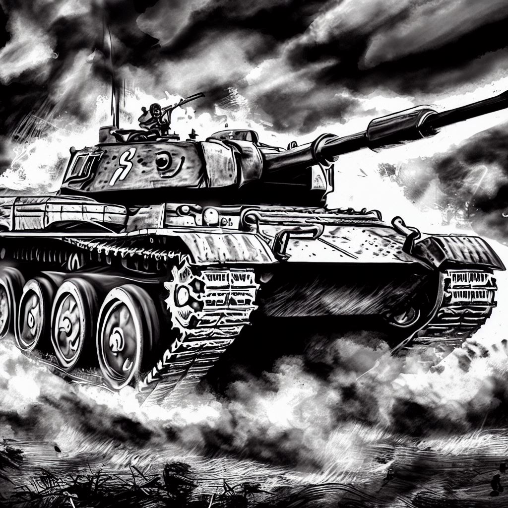 Capture the might and power of a leopard 2 tank in a dramatic black and white sketch.