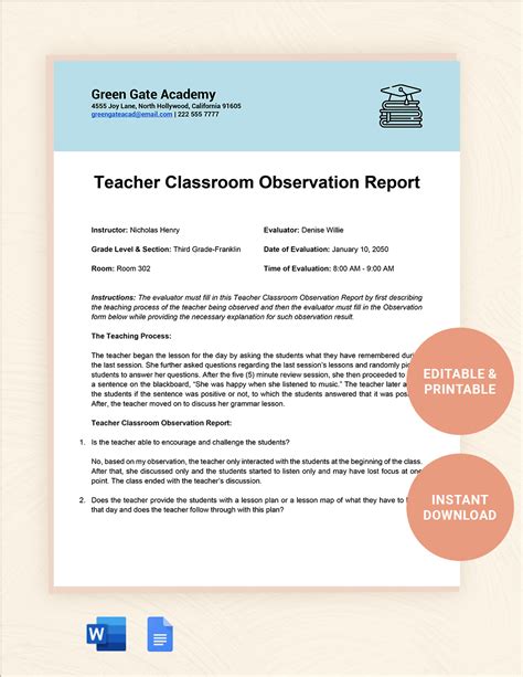 Image result for Classroom Observation Report Sample