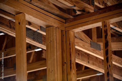 Roof building. Standard timber framed building with roof trusses. Roof ...