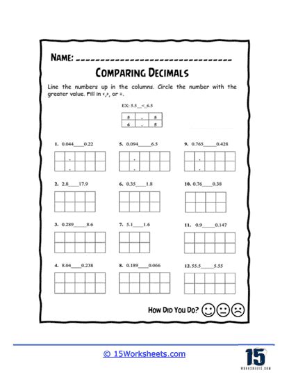 Image result for Comparing Decimals Worksheet Printable