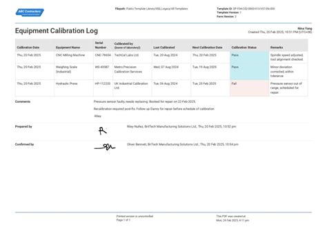 Image result for Excel Calibration Log Example