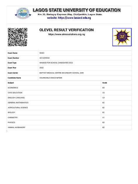 Image result for WAEC Transcript. Sample