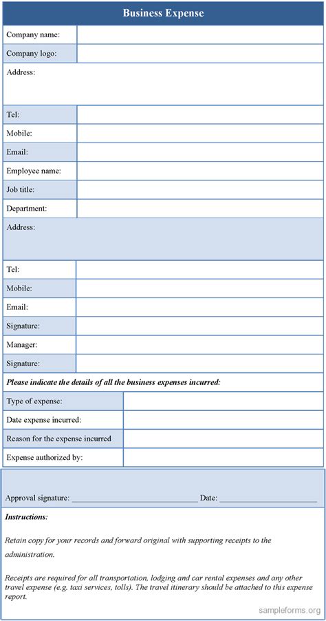 Business Expense Form Template : Sample Forms to Business Expenses ...
