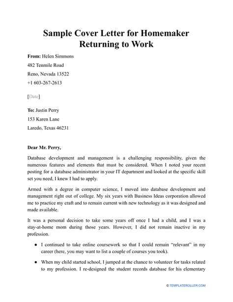 Image result for Return to Work Cover Letter Examples
