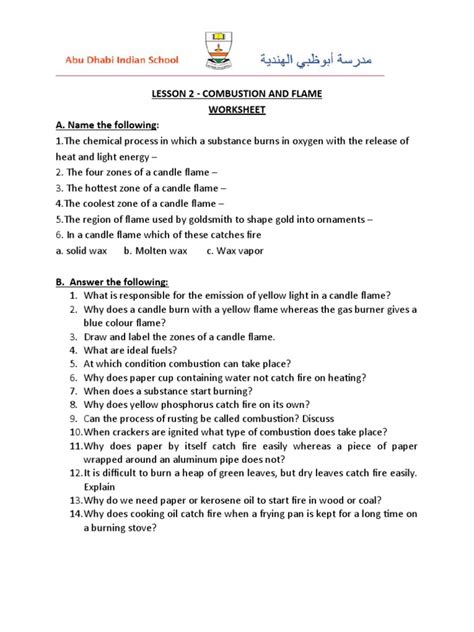 Combustion Flame - Worksheet-1 | PDF