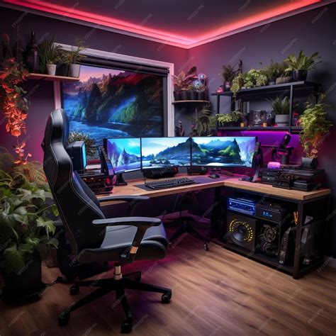 Premium AI Image | Gaming computer setup rgb lighting and curved ...