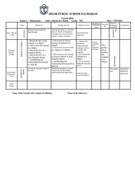 Image result for Matrix Lesson Plan Example