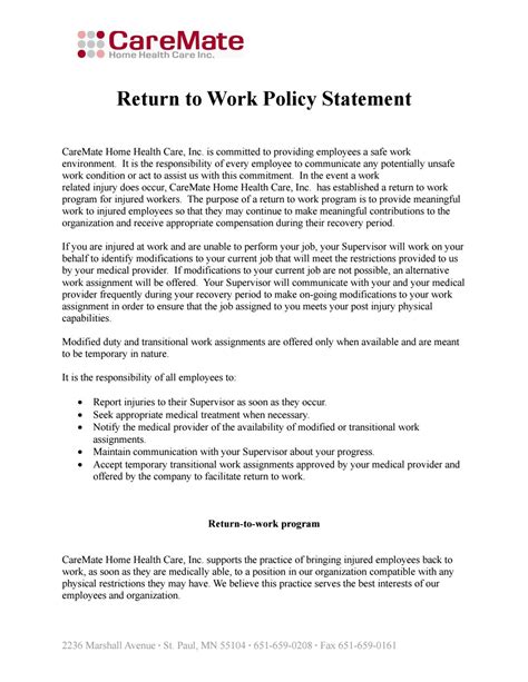 Image result for Return to Work Policy Examples