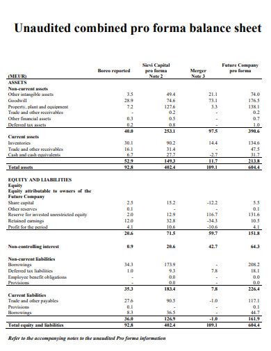 Image result for Pro Forma Balance Sheet Example