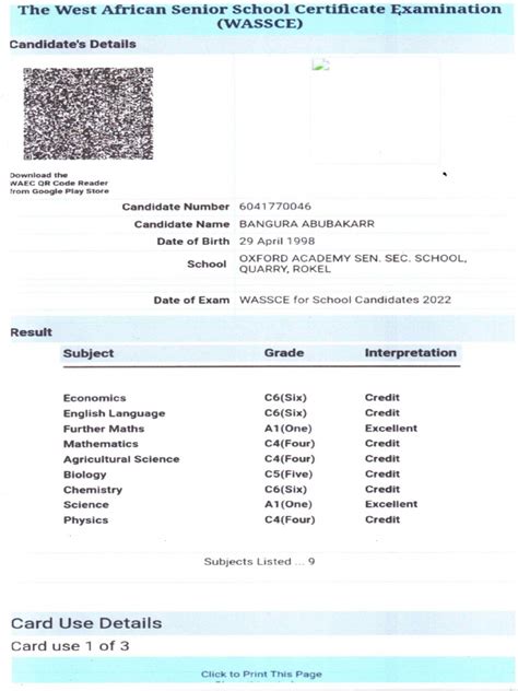 Image result for WAEC Transcript. Sample