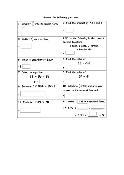 Image result for Maths Questions Worksheet