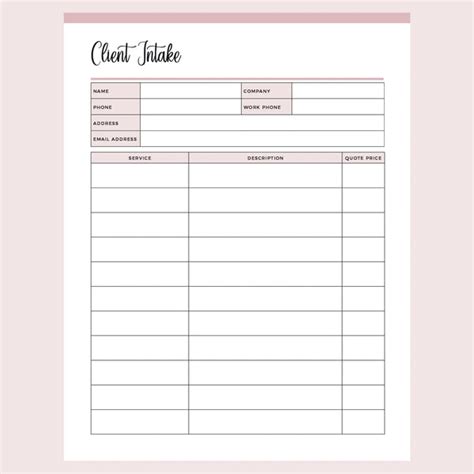 Image result for Blank Client Intake Form